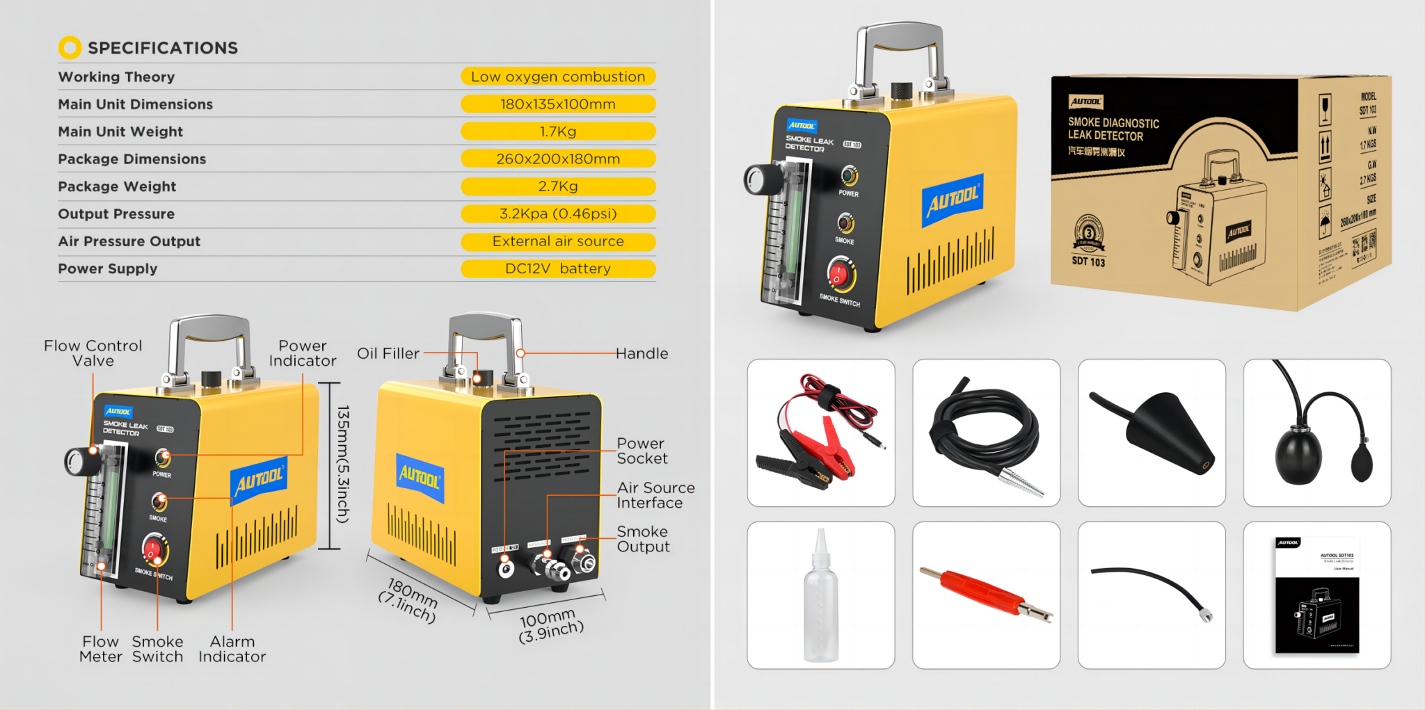 AUTOOL SDT103 Automotive Smoke Detector Machine for EVAP System 12V ...