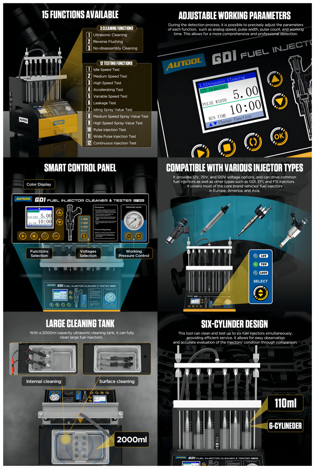 AUTOOL CT500 GDI EFI FEI Fuel Injector Cleaner & Tester Machine 6 ...