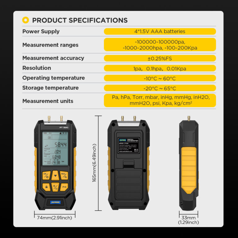 AUTOOL PT520 Digital Manometer Differential Manometer Air Pressure ...